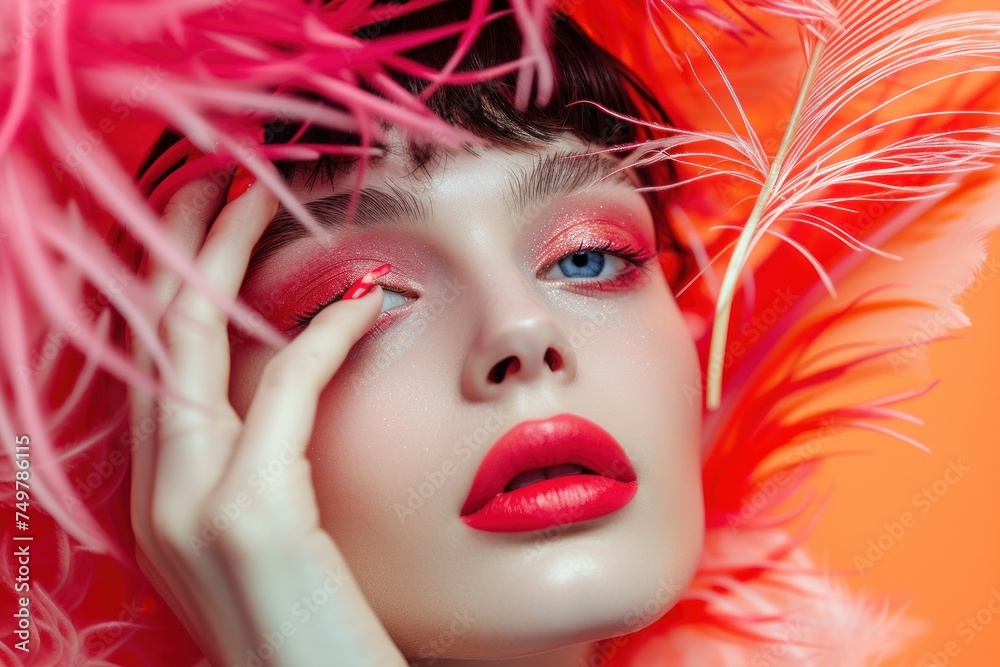 Pink Feathered Beauty, Red Lips and Peacock Eyes, Vibrant Makeup with a ...