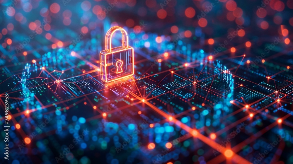 Cybersecurity lock symbol overlaying a network grid, digital protection Stock Illustration ...
