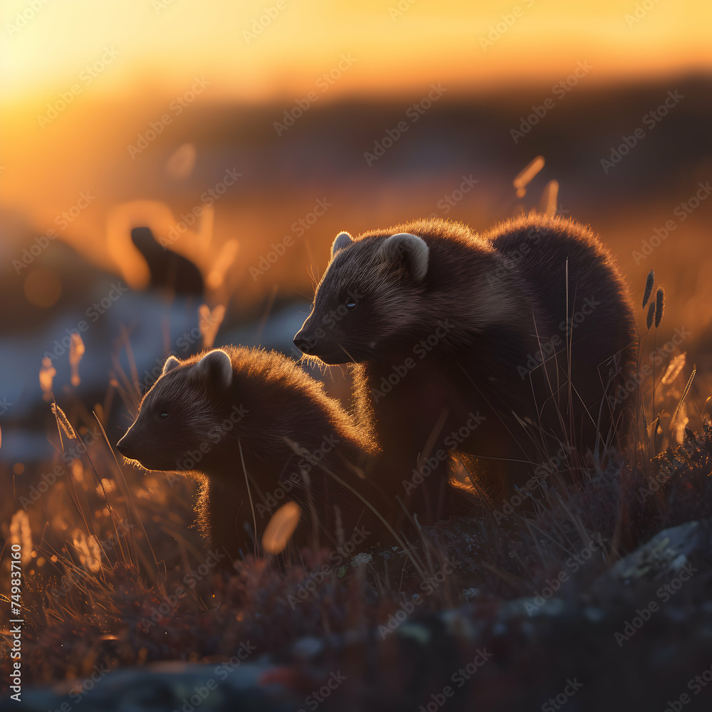 Wolverine family walking towards the camera in the forest with setting ...