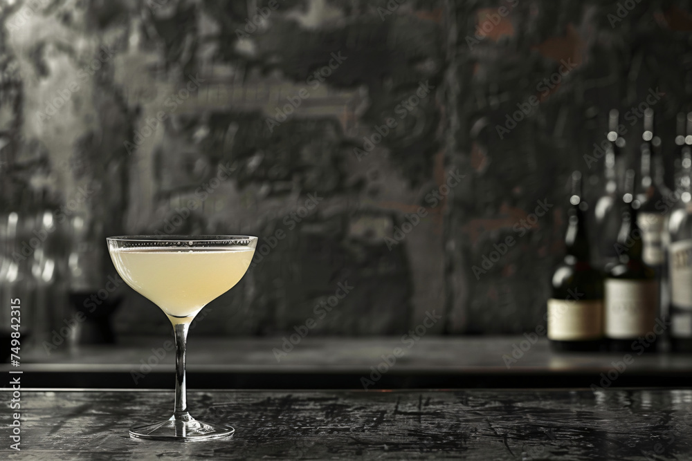 Elegant cocktail in coupe glass on dark textured bar counter with ...