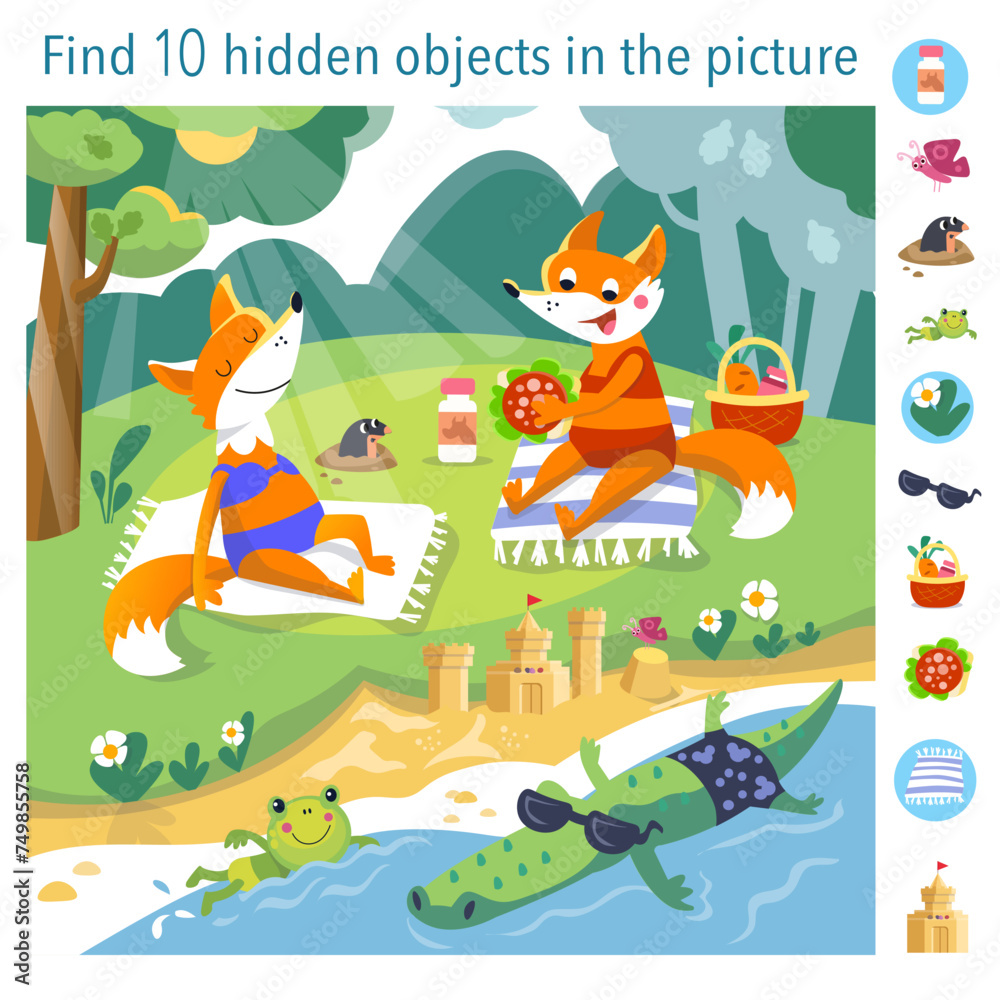 Find 10 hidden objects in picture. Educational game for kids. Cartoon ...