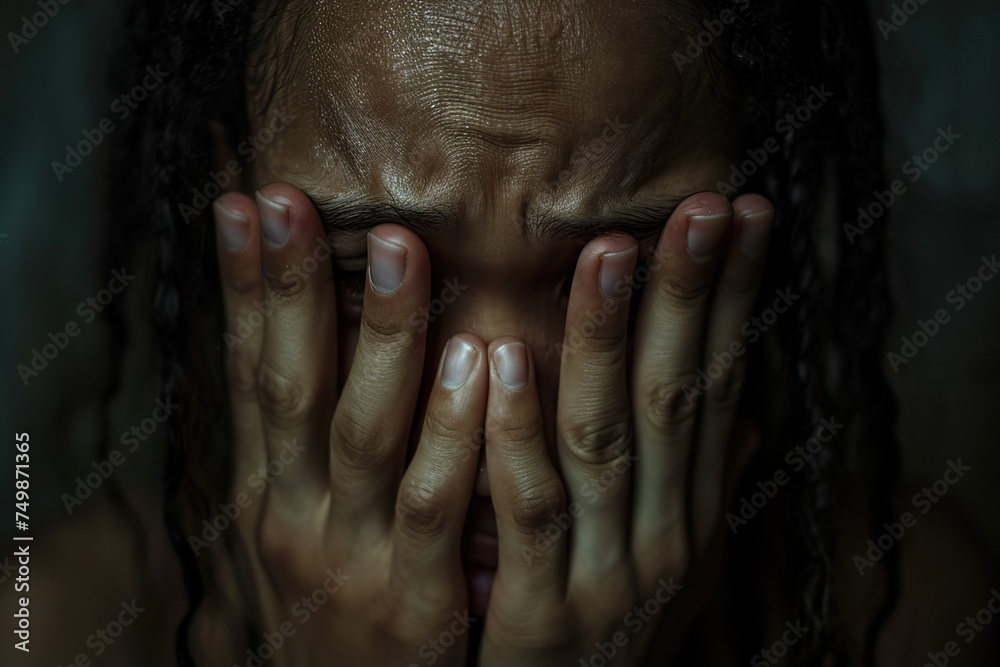 Scary woman with hands covering her face in fear and horror concept. A ...