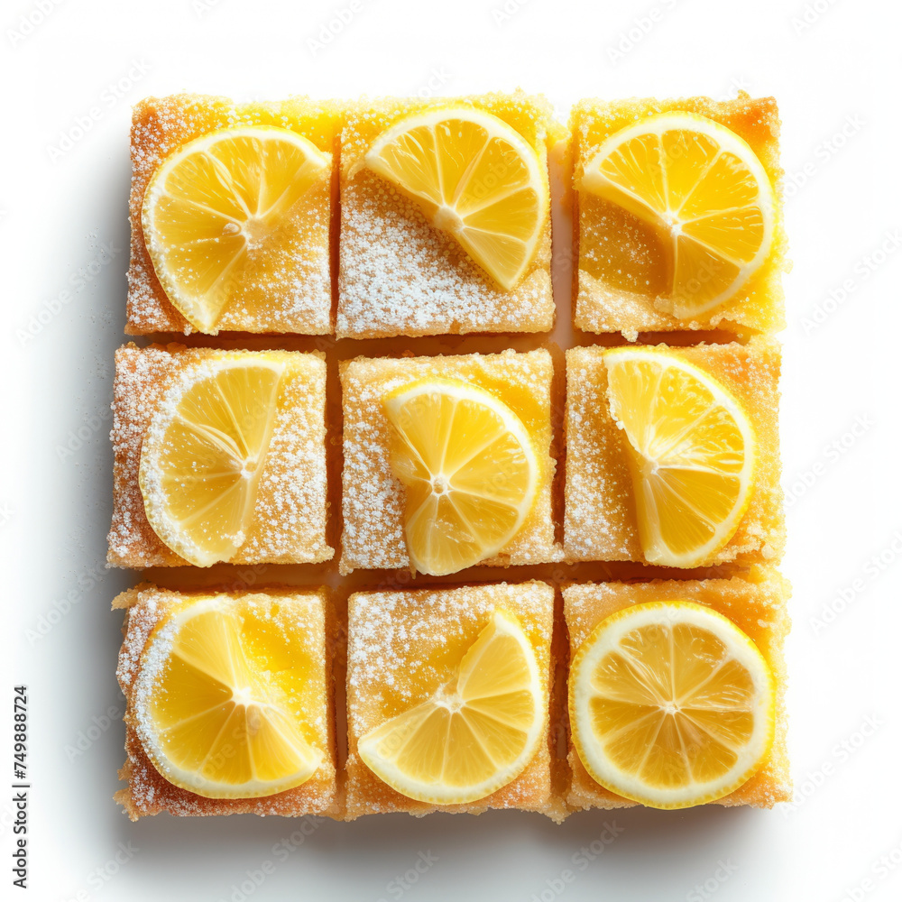 Overhead view of nine lemon bars neatly arranged, each topped with a ...
