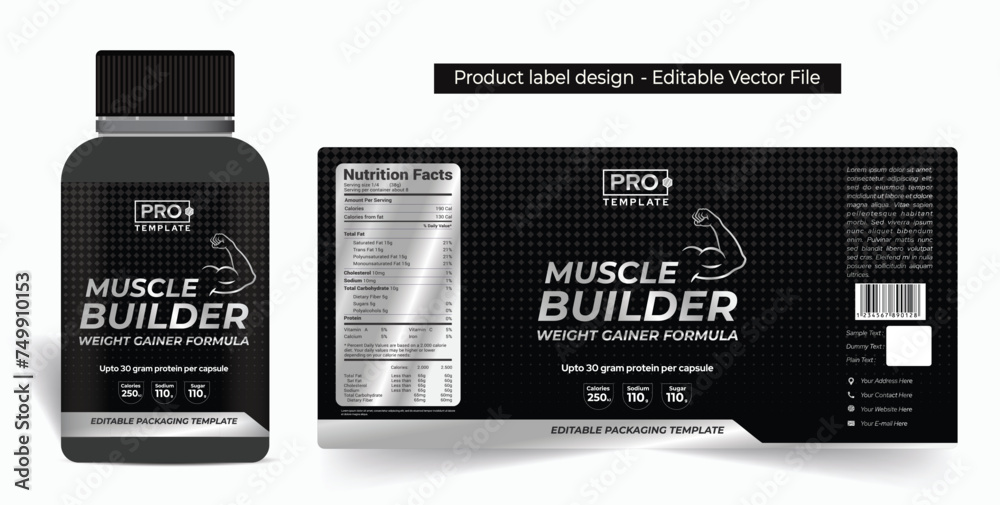 Muscle builder capsules label design, weight gainer supplement label ...