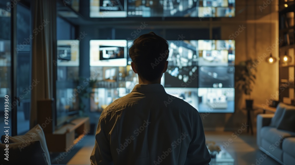 Man observing multiple surveillance screens at night, representing ...