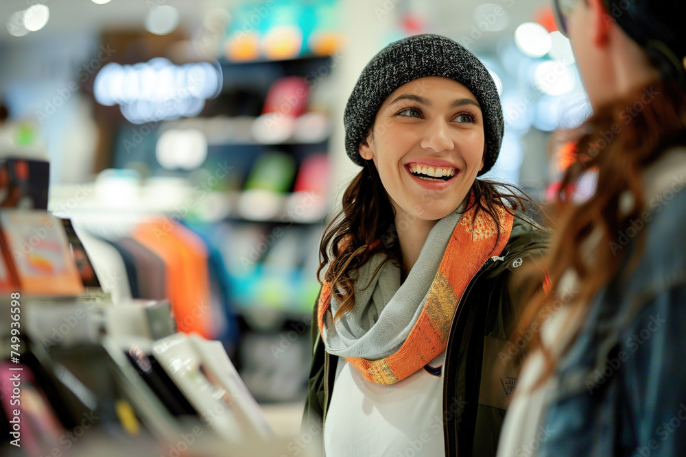 A satisfied customer expressing gratitude to a helpful salesperson in a ...