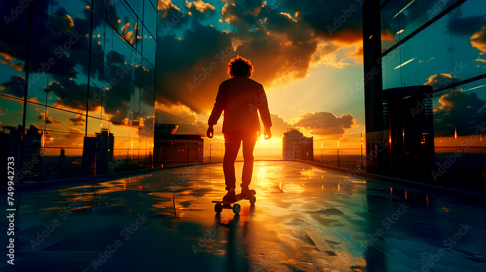 Skateboarding in the City. Silhouette of Young Man Enjoy skateboarding ...