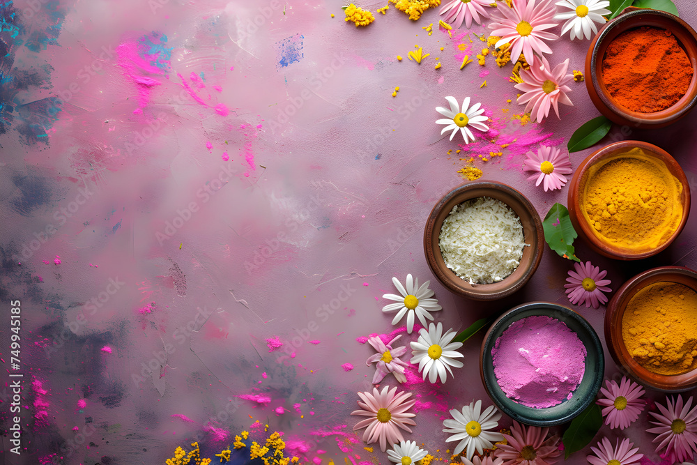 Indian Holi festival powder colors in bowls on blue background ...