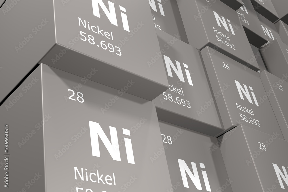 Nickel, 3D rendering background of cubes of symbols of the elements of ...