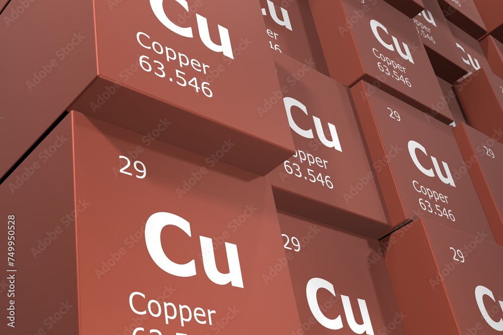 Copper, 3D rendering background of cubes of symbols of the elements of ...