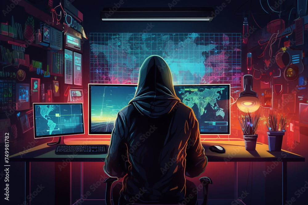 hacker in front of his computer committing cyber crime digital, vector, neon, dark background ...