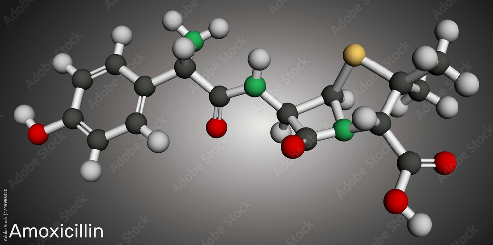 Amoxicillin drug molecule. It is beta-lactam antibiotic. Molecular ...