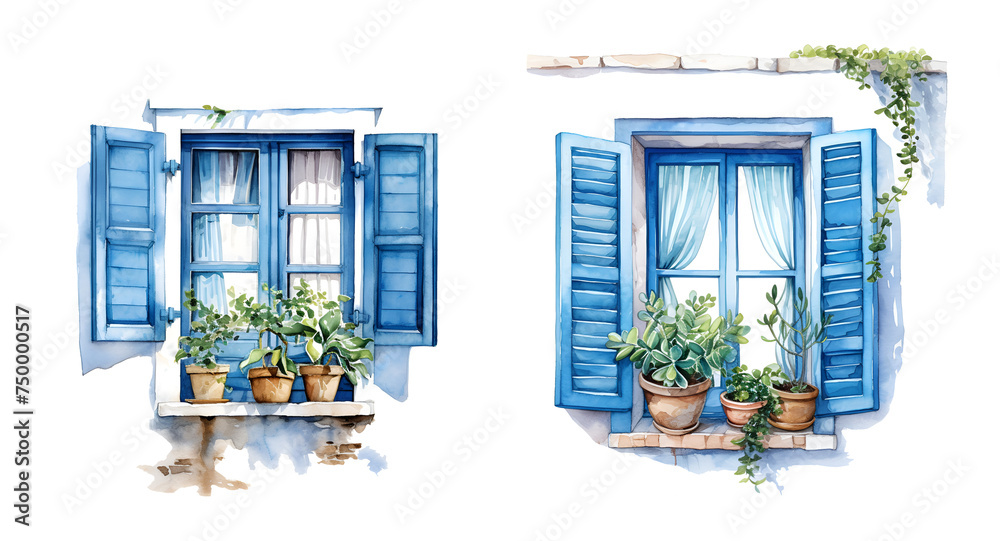 Greek window, watercolor clipart illustration with isolated background ...