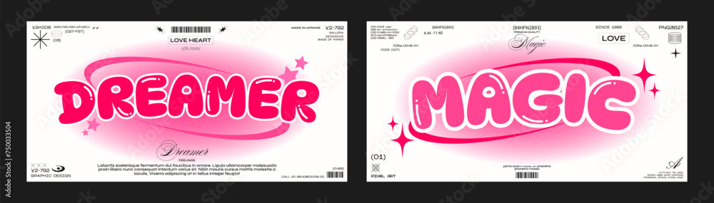 Y2K posters in a retro futuristic pink style with gradient. Cute fluffy ...