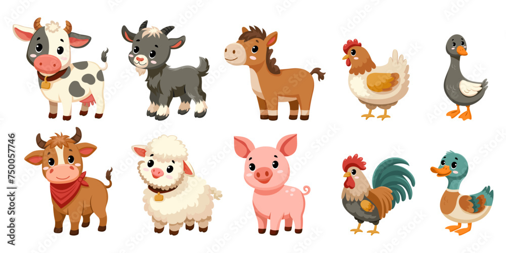 Set of cute funny farm animals isolated on white background. Collection ...