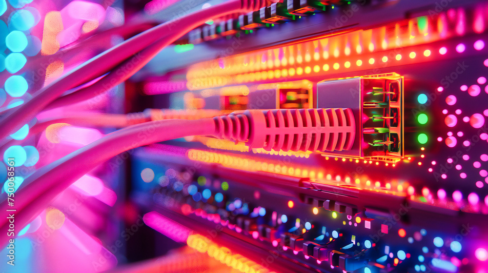 Networking And Communication Technology Server Room With Ethernet Cables And Routers