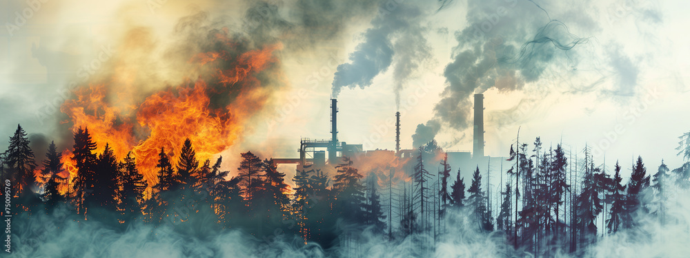 Burning forest and a factory emitting smoke, depicting the intersection ...