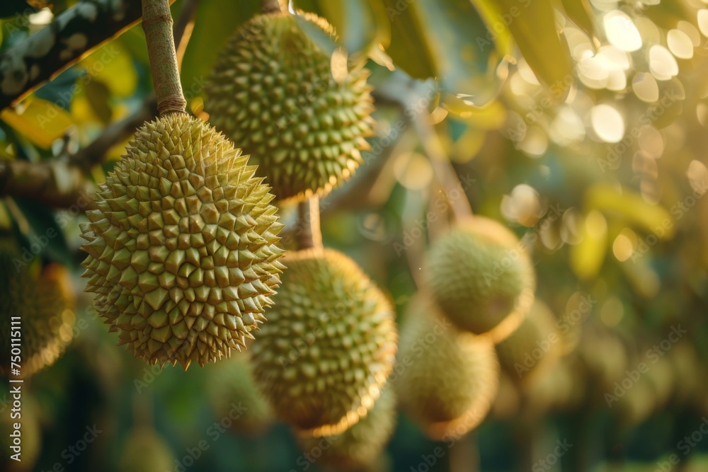 Durian fruit hanging from trees in orchard. A cluster of spiky durian ...