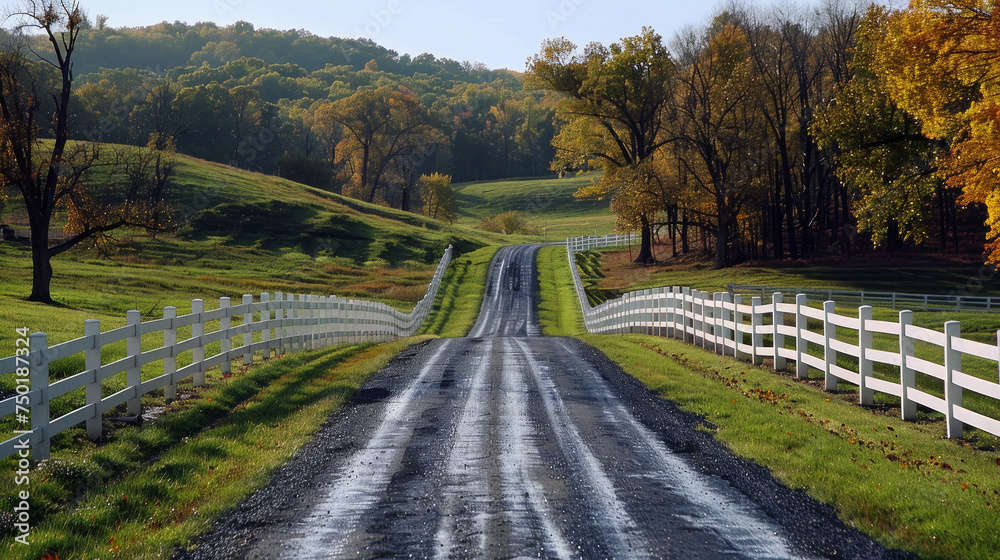 Una stretta strada di campagna si snoda attraverso campi e pascoli, con ...