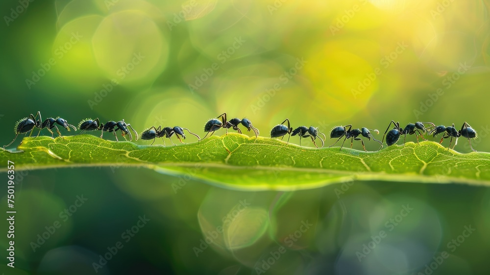 Ants marching in a line on a green leaf - A close-up view of ants ...