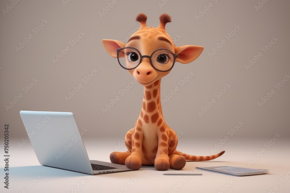 3D cartoon illustration showcases cute ziraffe with a laptop,engaging ...