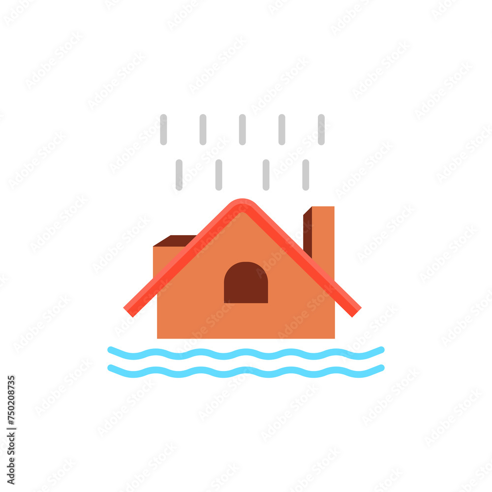 ikon rumah banjir karena hujan, rumah dalam gelombang air, tingkat ...