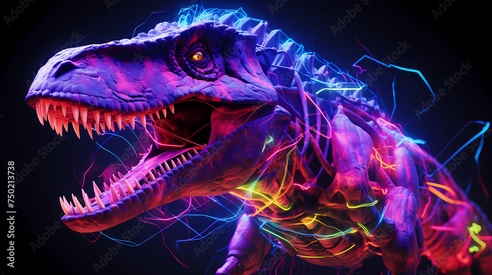 T-Rex Tyrannosaurus Rex Animal Plexus Neon Black Background Digital ...