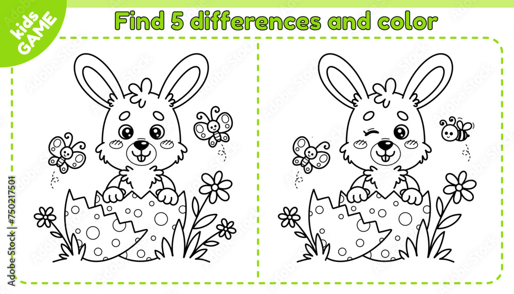 Easter kids game Find 5 differences with cartoon rabbit hatched from ...