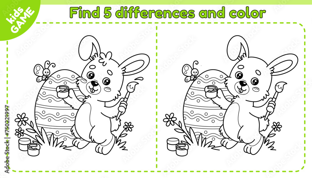 Easter kids game Find 5 differences with cartoon rabbit. Happy hare ...