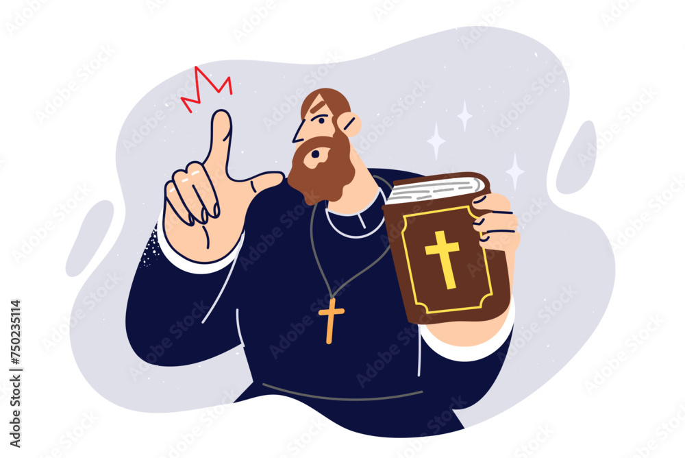Angry priest stands with bible in hands and reprimands parishioners who ...
