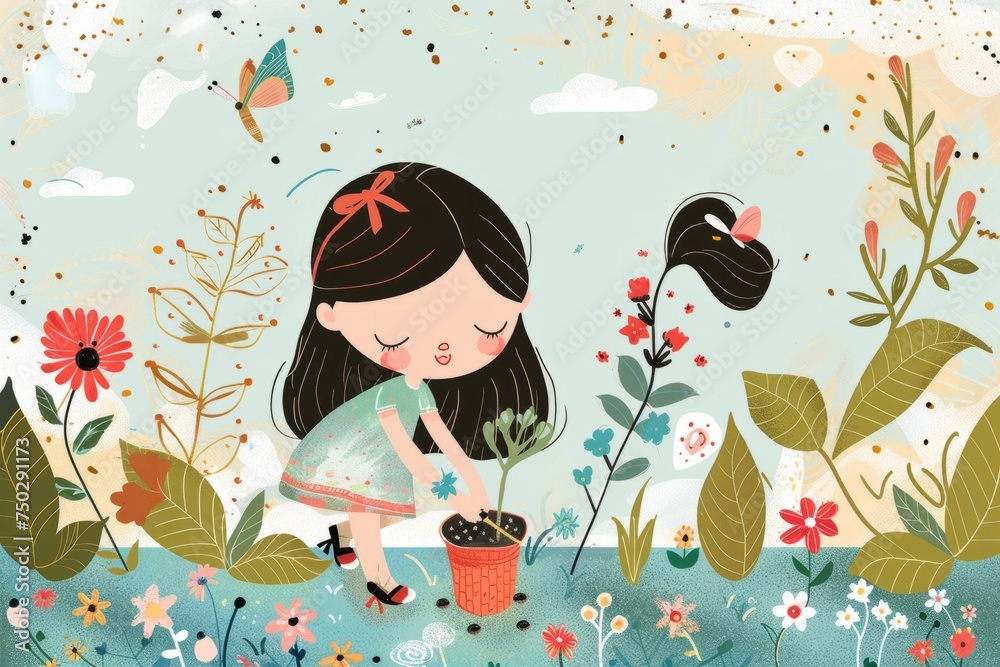 Cartoon cute doodles of a little girl planting flowers in her backyard ...