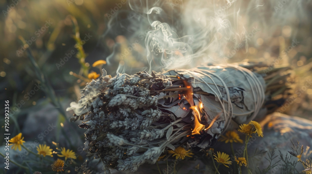 A bundle of burning sage symbolizing the smudging ritual commonly used ...