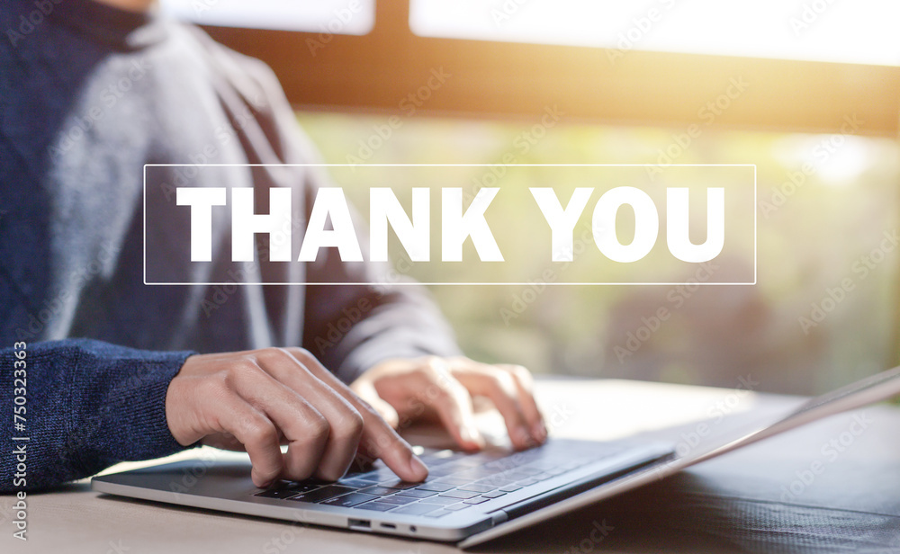 message thank you on a laptop. concept of thank you business ...