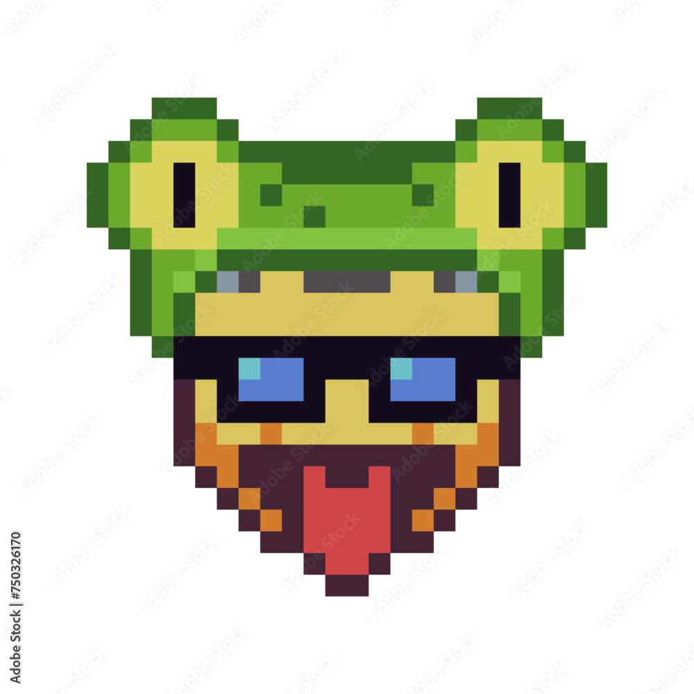 Head in eyeglasses colorful smile, funny face shows tongue with frog ...