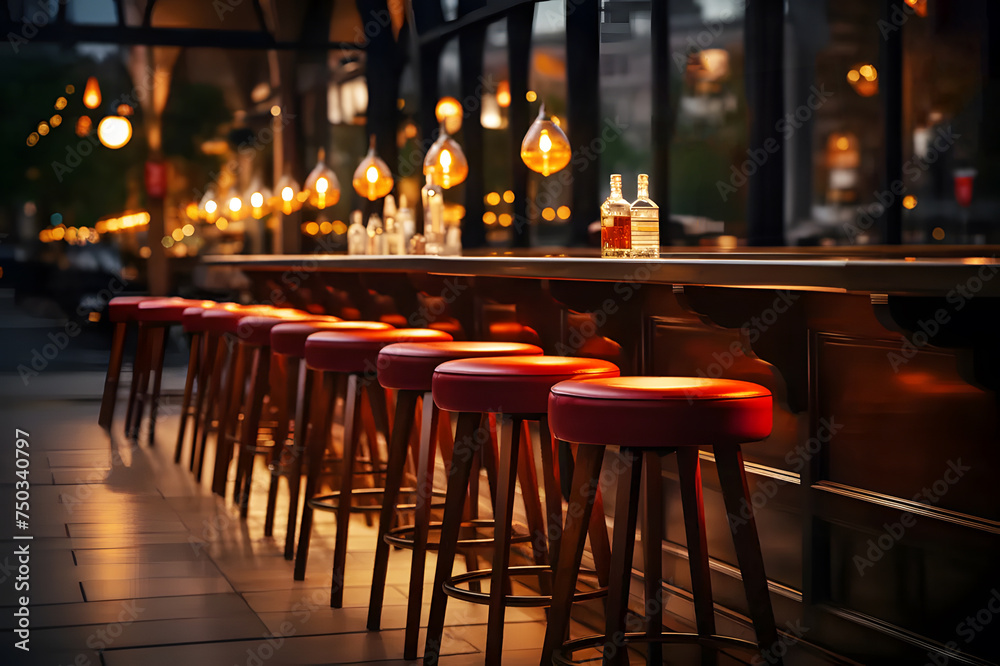 Empty room nighttime bar table. Interior of modern style bar pub. brown ...