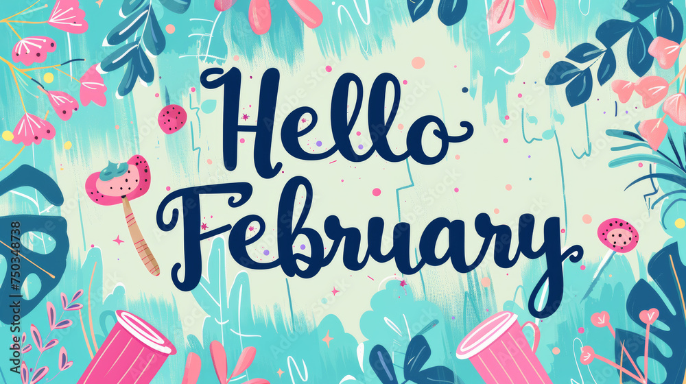 February month illustration background with pastel colors drawing with ...
