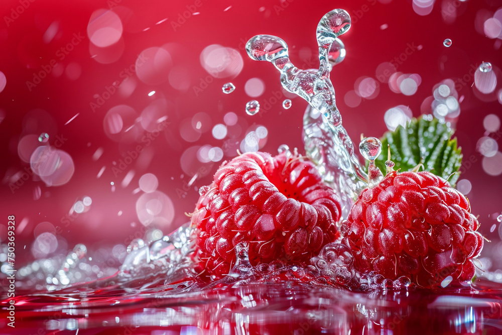 Raspberries Splashing in Water on Red Background. Vibrant red ...
