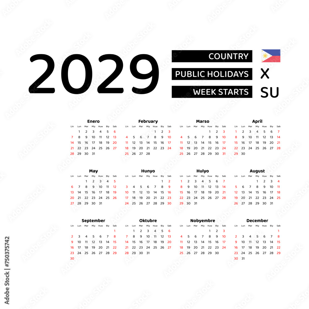 Calendar 2029 Filipino language with Philippines public holidays. Week ...
