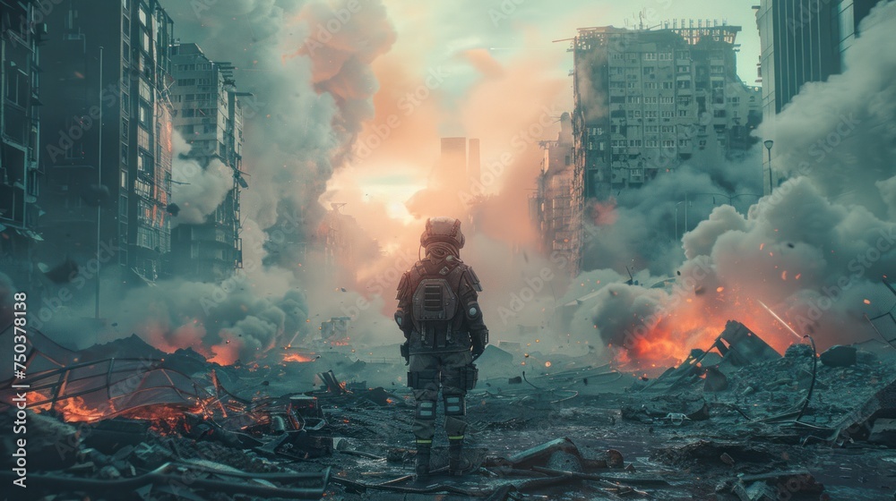 Women in sci-fi amour standing in an apocalyptic scene with debris ...