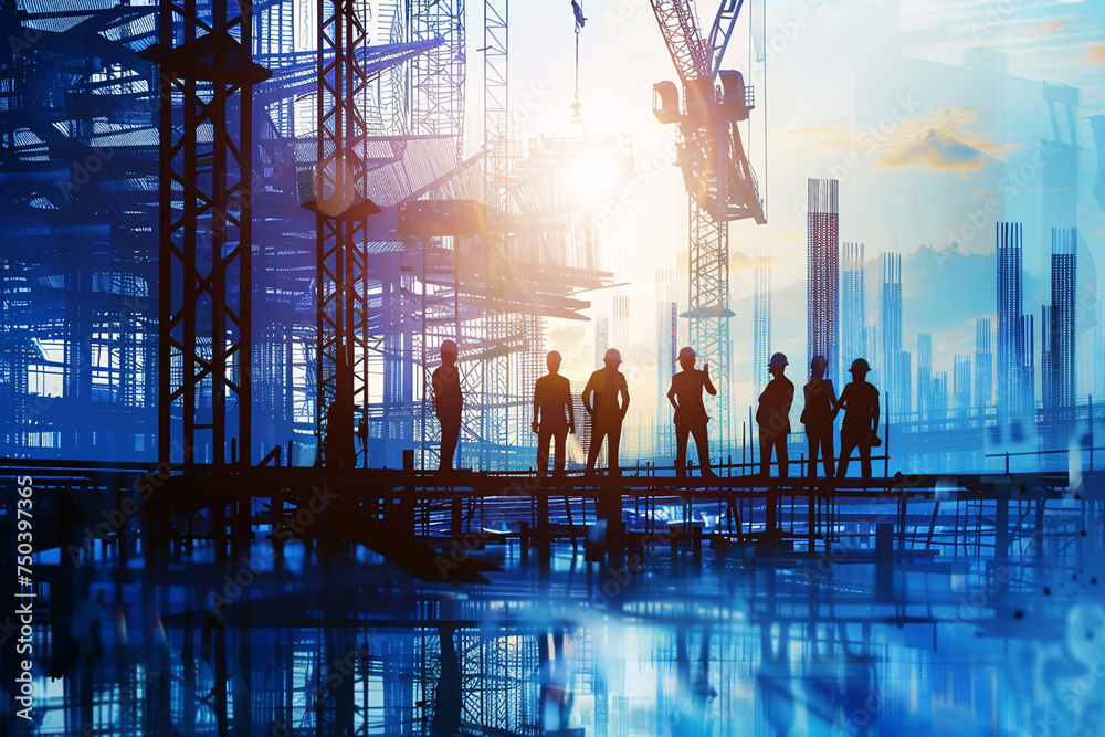 workers on construction site, engineering construction infrastructure ...