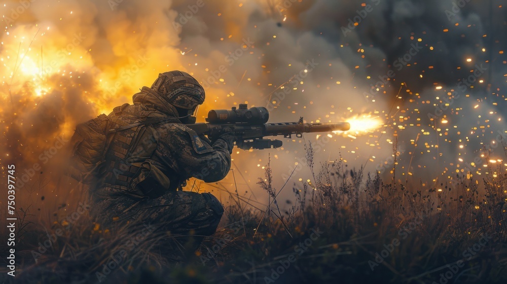 view of a soldier using generic military portable rocket launcher ...
