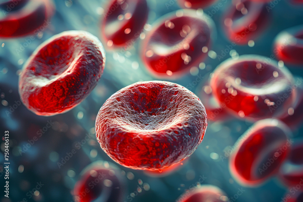 Vivid red blood cells in motion, depicting hemoglobin transport and ...