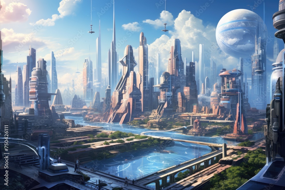 Futuristic cityscape with lush greenery and advanced architecture ...