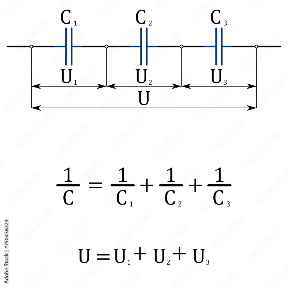 Diagram of series connection of three capacitors, expression of total ...