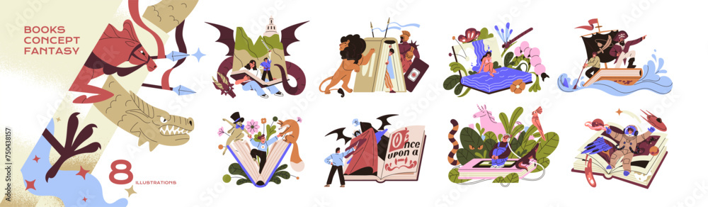 Fantasy books concept set. People read novels, readers adventure with ...
