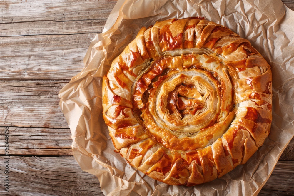 Freshly baked Burek made of filo dough with filling on baking paper ...