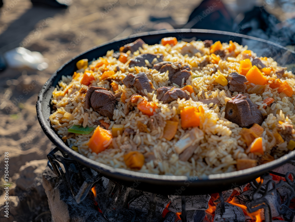 Uzbek Plov, traditional rice and meat dish, cooked in a kazan over an ...