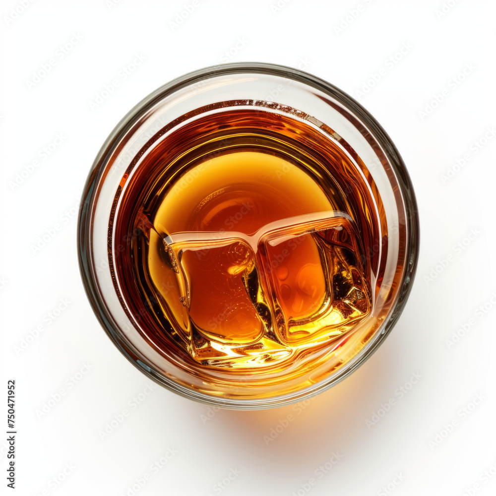 Scotch whisky with ice in a glass tumbler, top view, isolated on white ...
