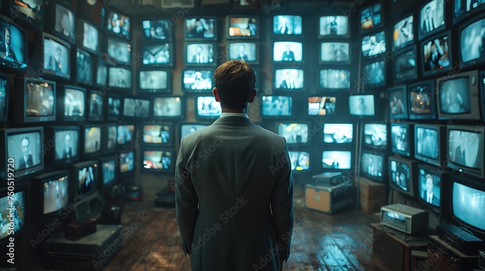 Back view of man looking at wall with many monitors. Big wall with tv ...