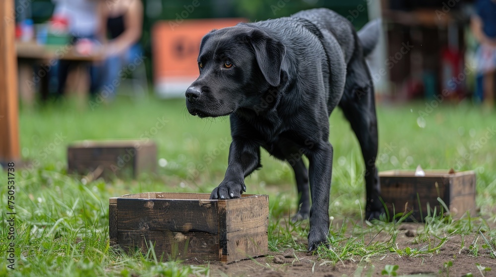 A photo of a black Labrador Retriever dog sniffing wooden crates in ...